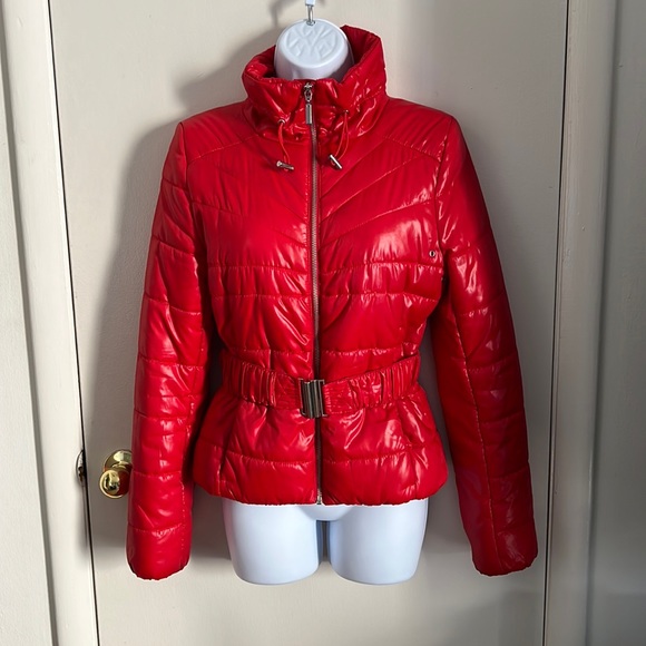 H&M | Jackets & Coats | Hm Shiny Red Puffer With Belt | Poshmark